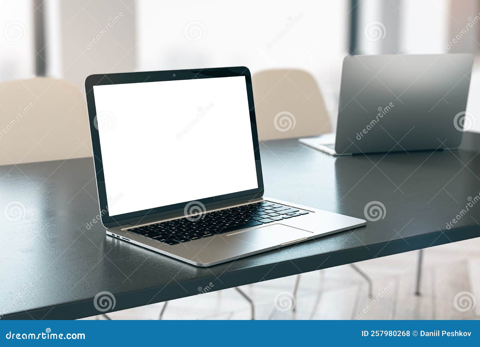 Close Up Of Empty White Laptop On Desktop, Mock Up Place On Screen ...