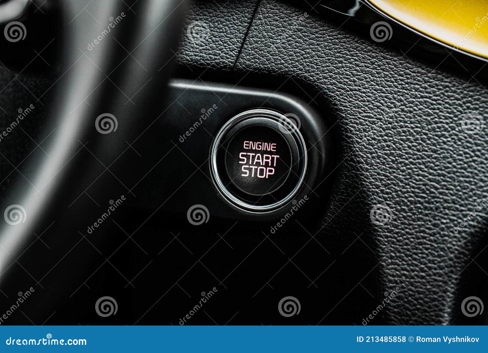 Close Up Engine Car Start Stop Button. Modern Car Black Interior ...