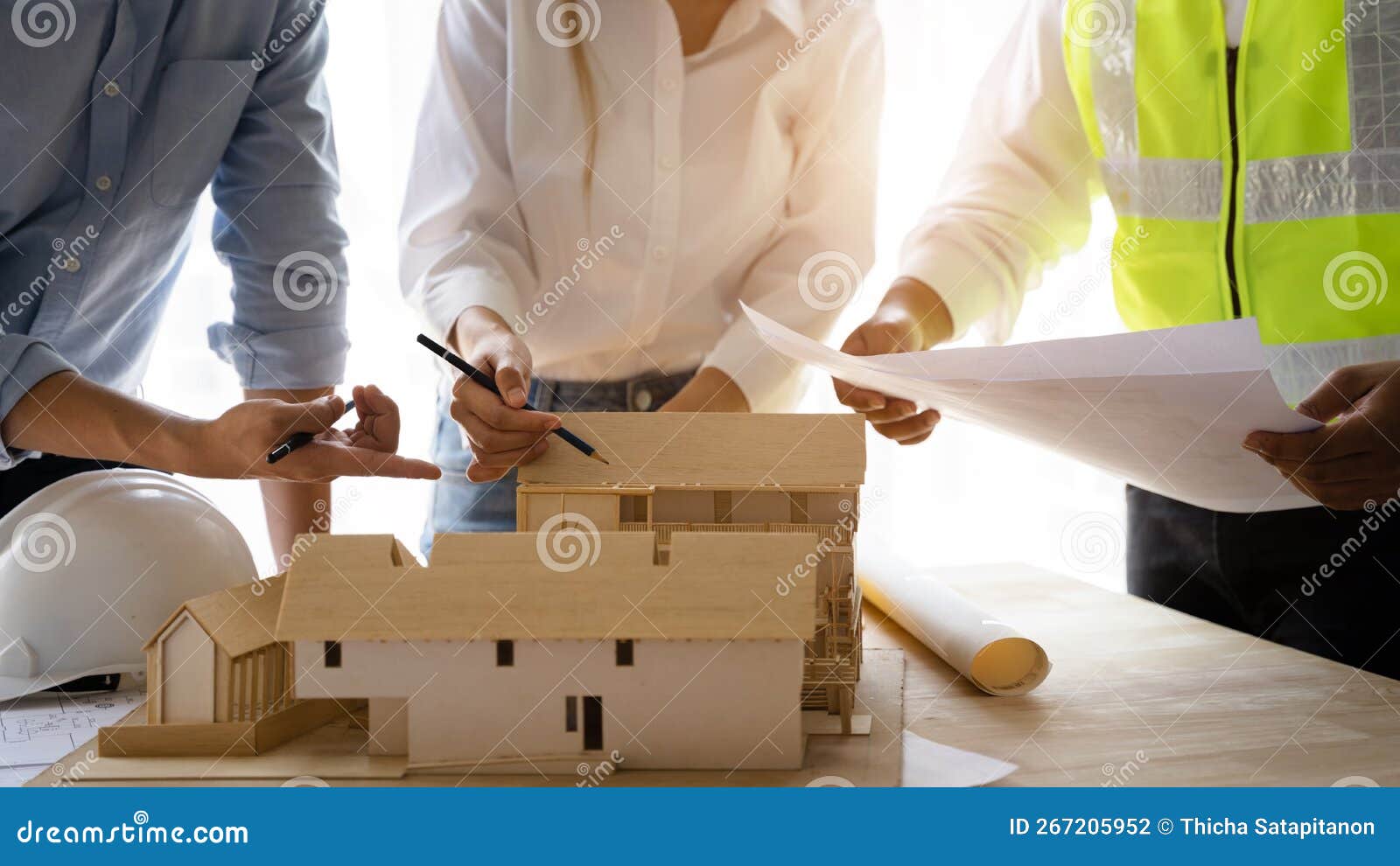 Close Up of Engineer Teams Hands Making Model House. Engineer Teams ...