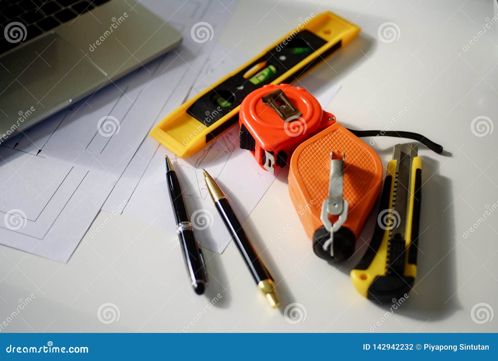 Close Up Engineer Tool Other Object on Workplace. Construction Concept ...