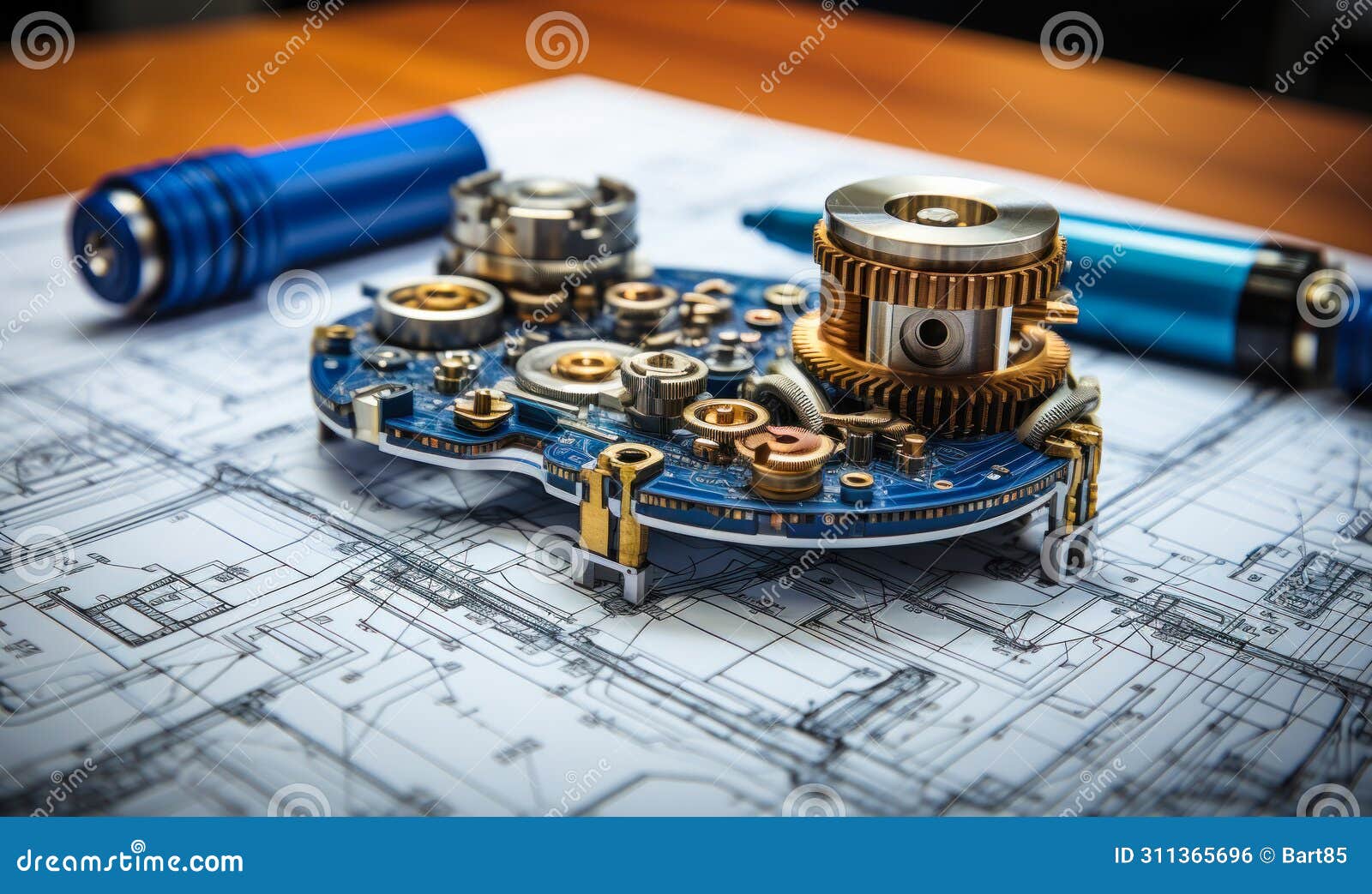 Close-up of Engineering Drafting Tools with a Blue Pencil on Mechanical ...