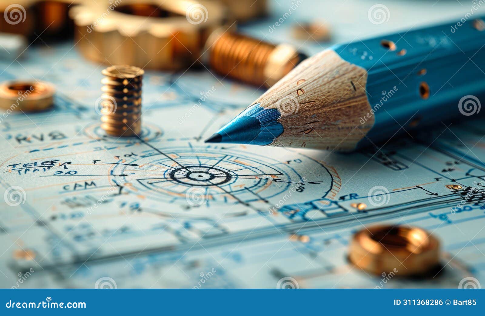 Close-up of Engineering Drafting Tools with a Blue Pencil on Mechanical ...