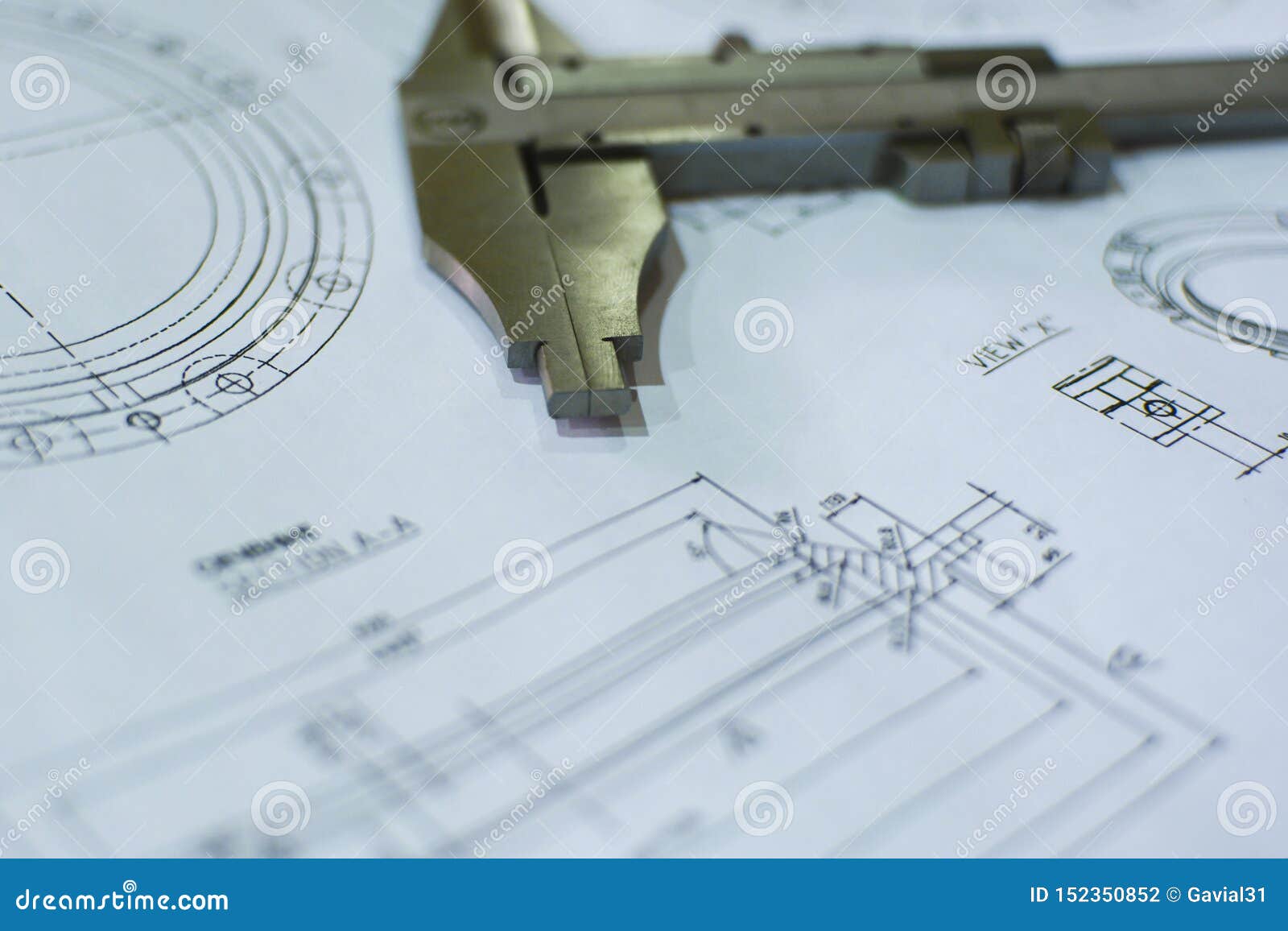 Close-up Engineering Drawing and Caliper. Concept Technical Background ...