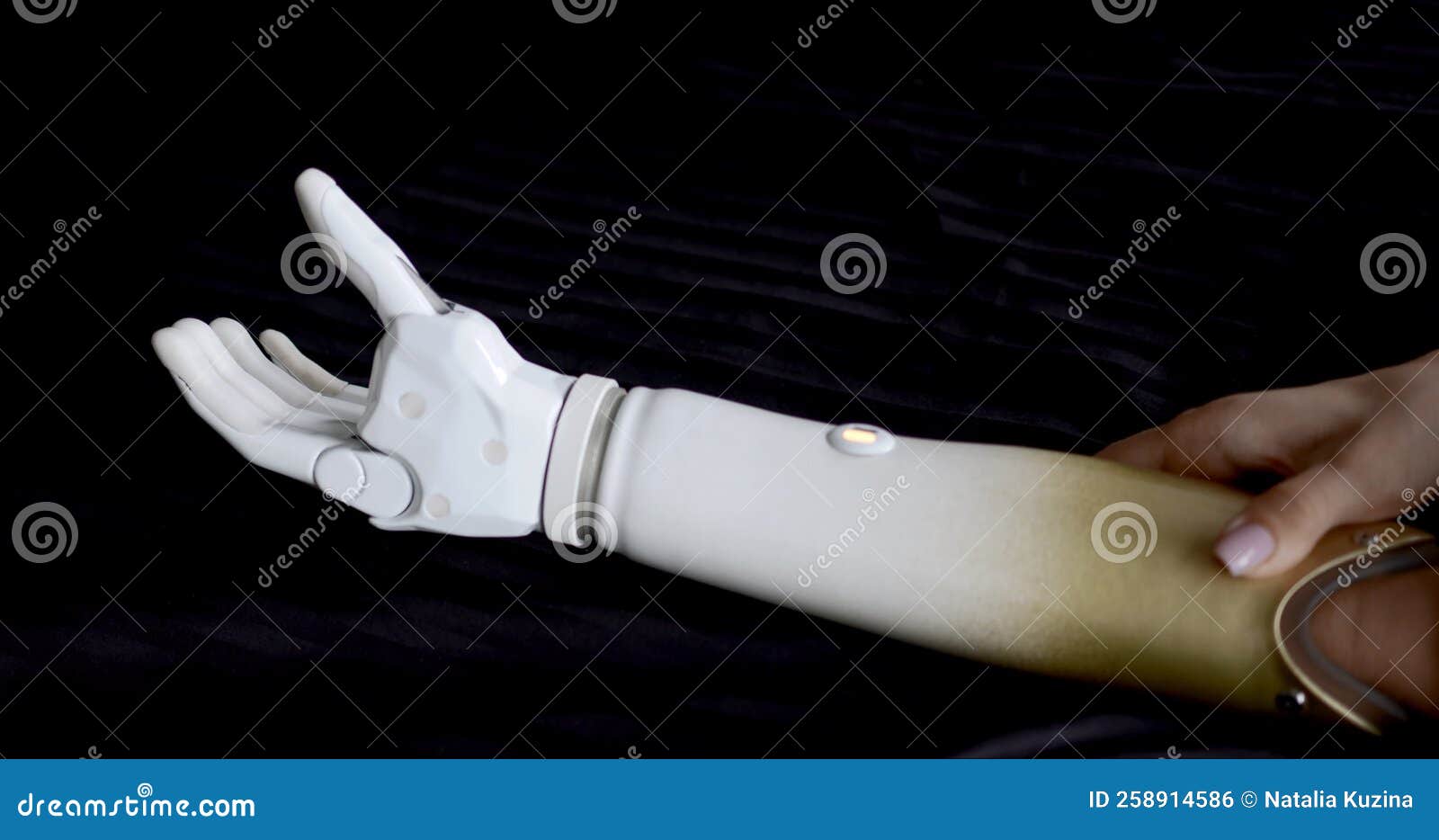 Close Up Examines and Checking Movement of Fingers High-tech Bionic Arm ...