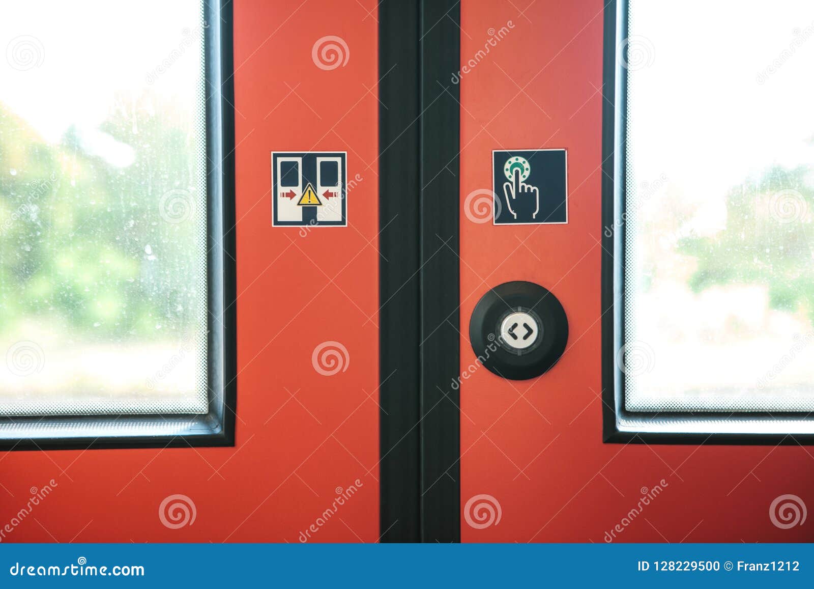 The exit door of the train stock photo. Image of button - 128229500