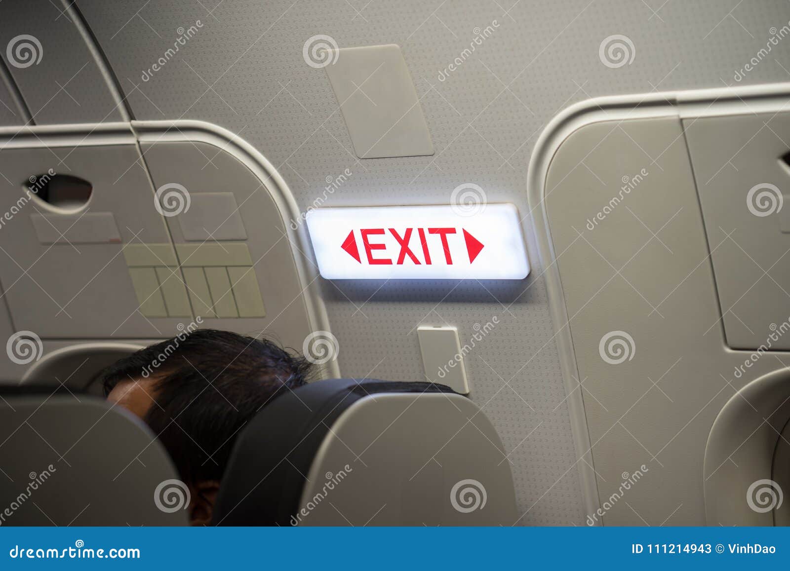 Close Up of Exit Sign in Passenger Airplane. Stock Image - Image of ...