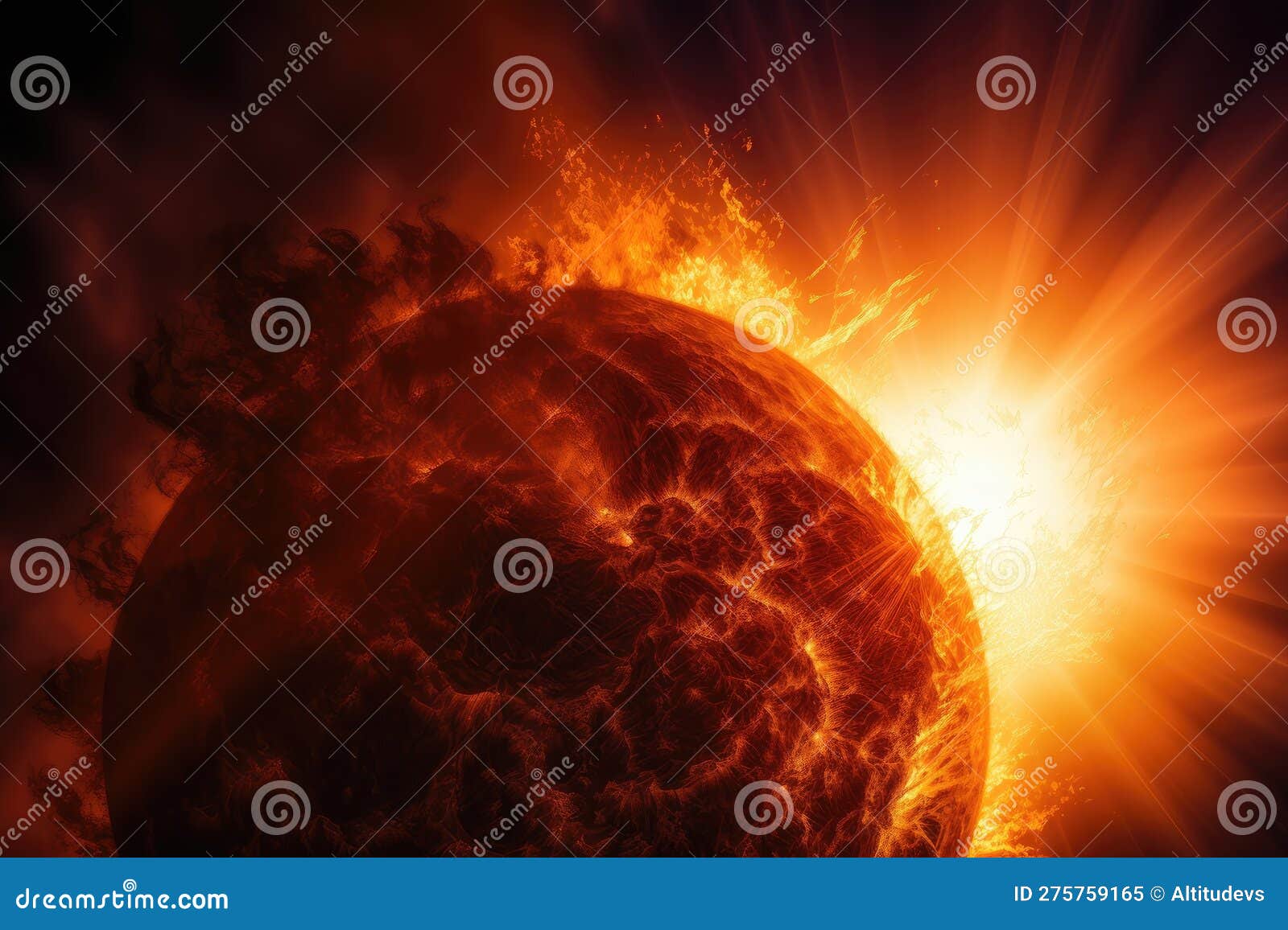 Close-up of Exploding Sun, with Fiery Flames and Smoke in the ...