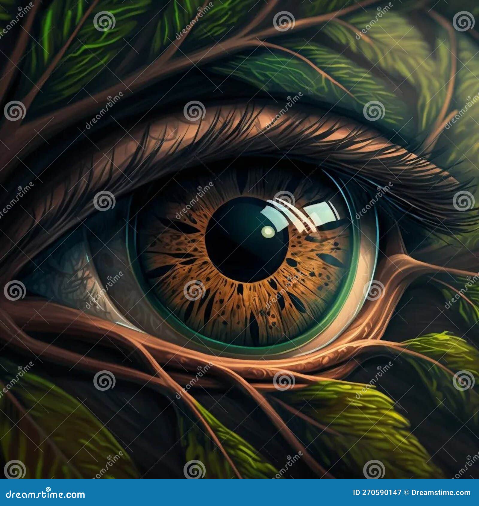 A Close Up of an Eye with Feathers and Leaves Stock Illustration ...