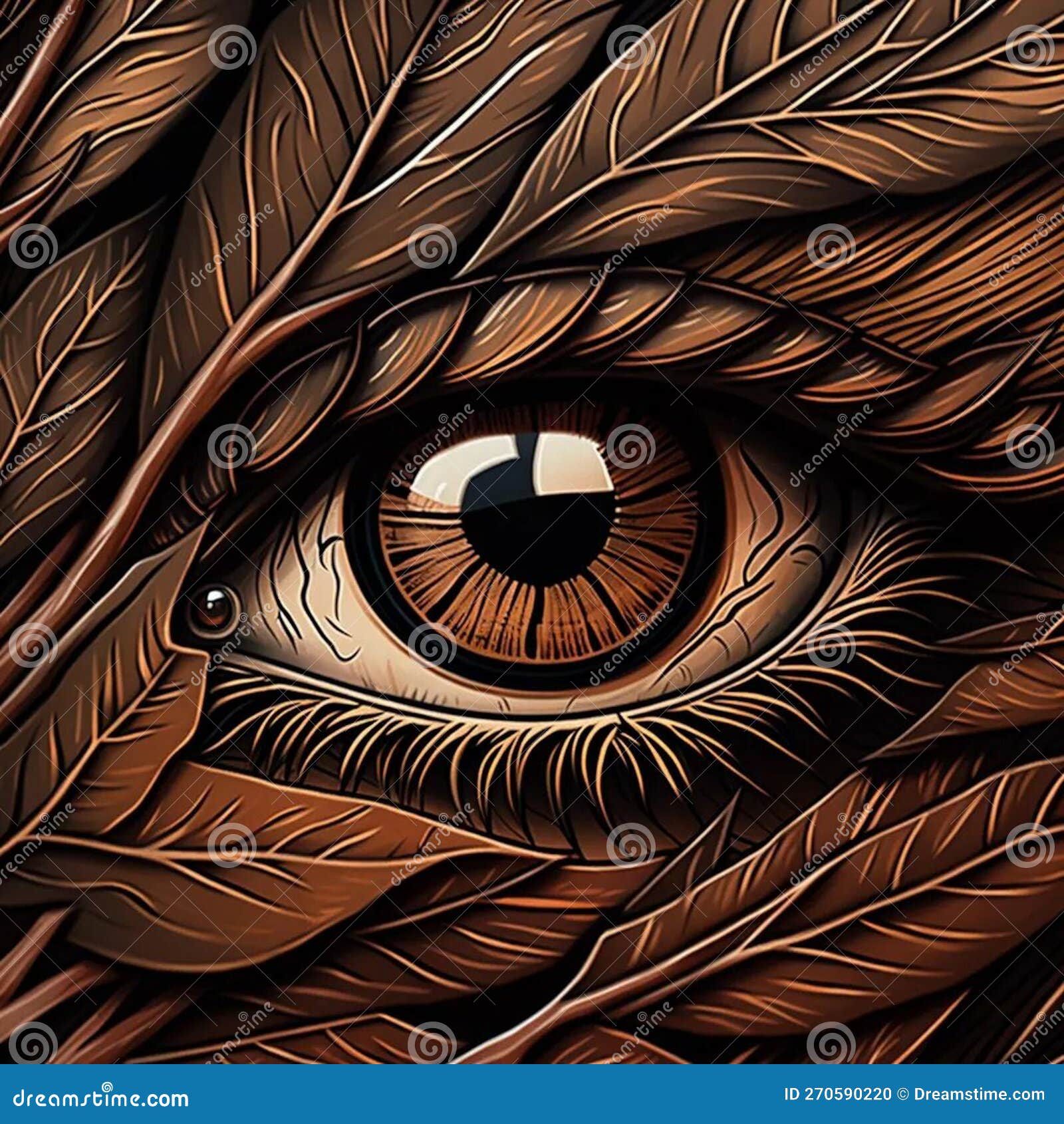 A Close Up of an Eye with Feathers and Leaves Stock Illustration ...