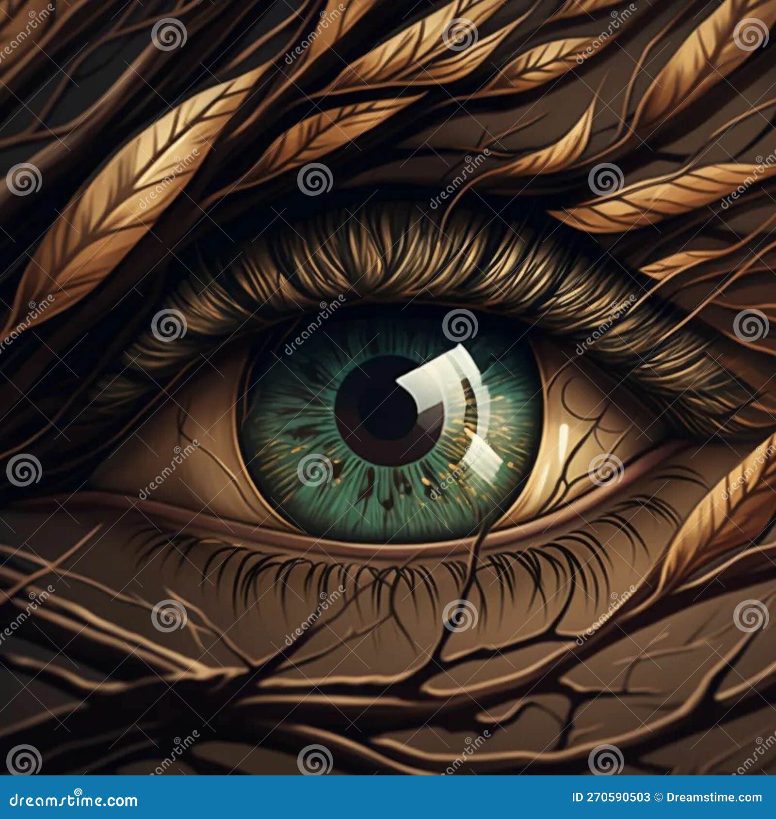 A Close Up of an Eye with Feathers and Leaves Stock Illustration ...