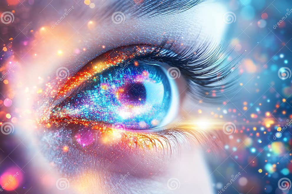 Close-up of an Eye, with Pixels of a Virtual World Ai Reflected in the ...