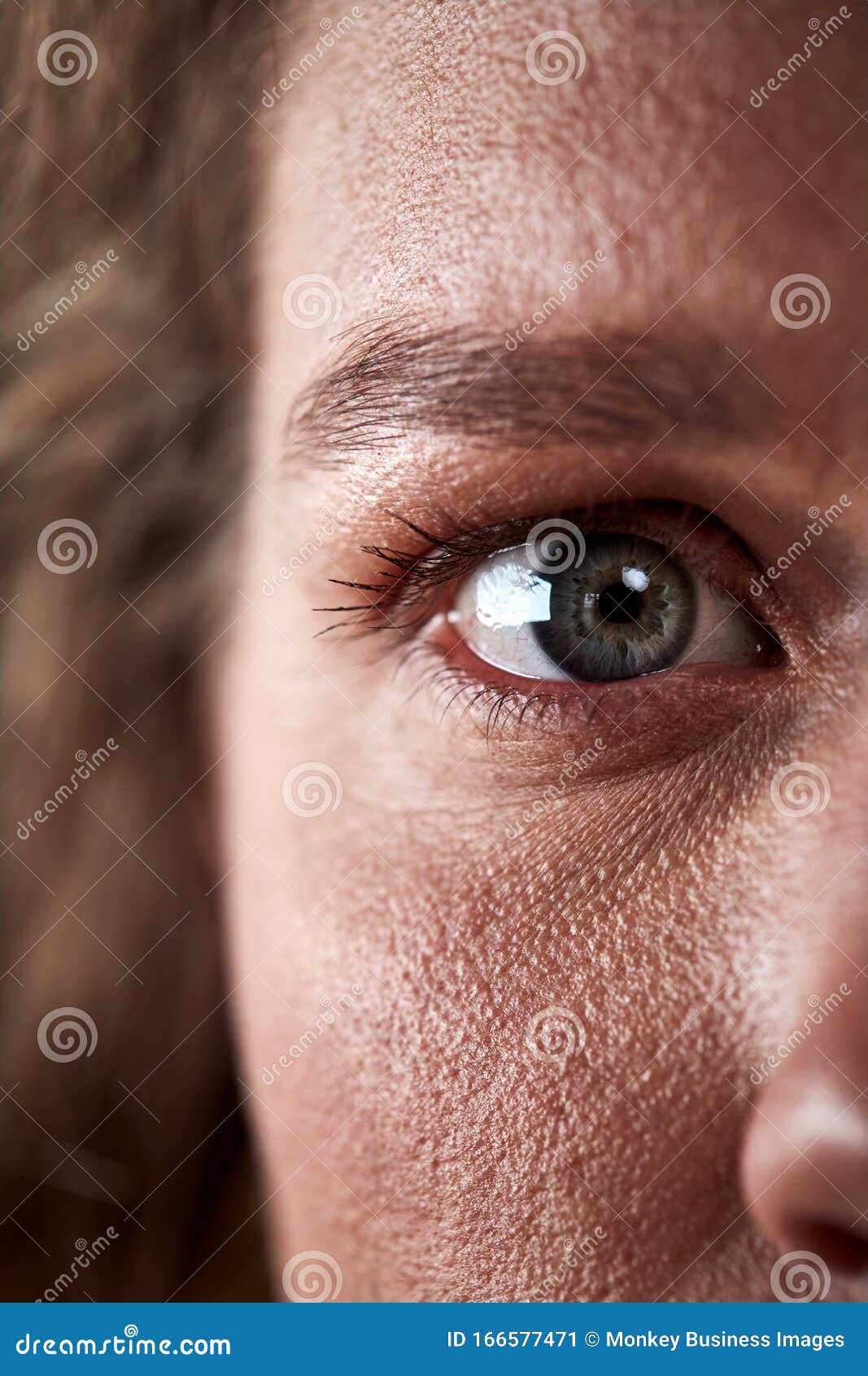 Close Up of Eye of Woman Looking Scared Against Black Studio Background ...
