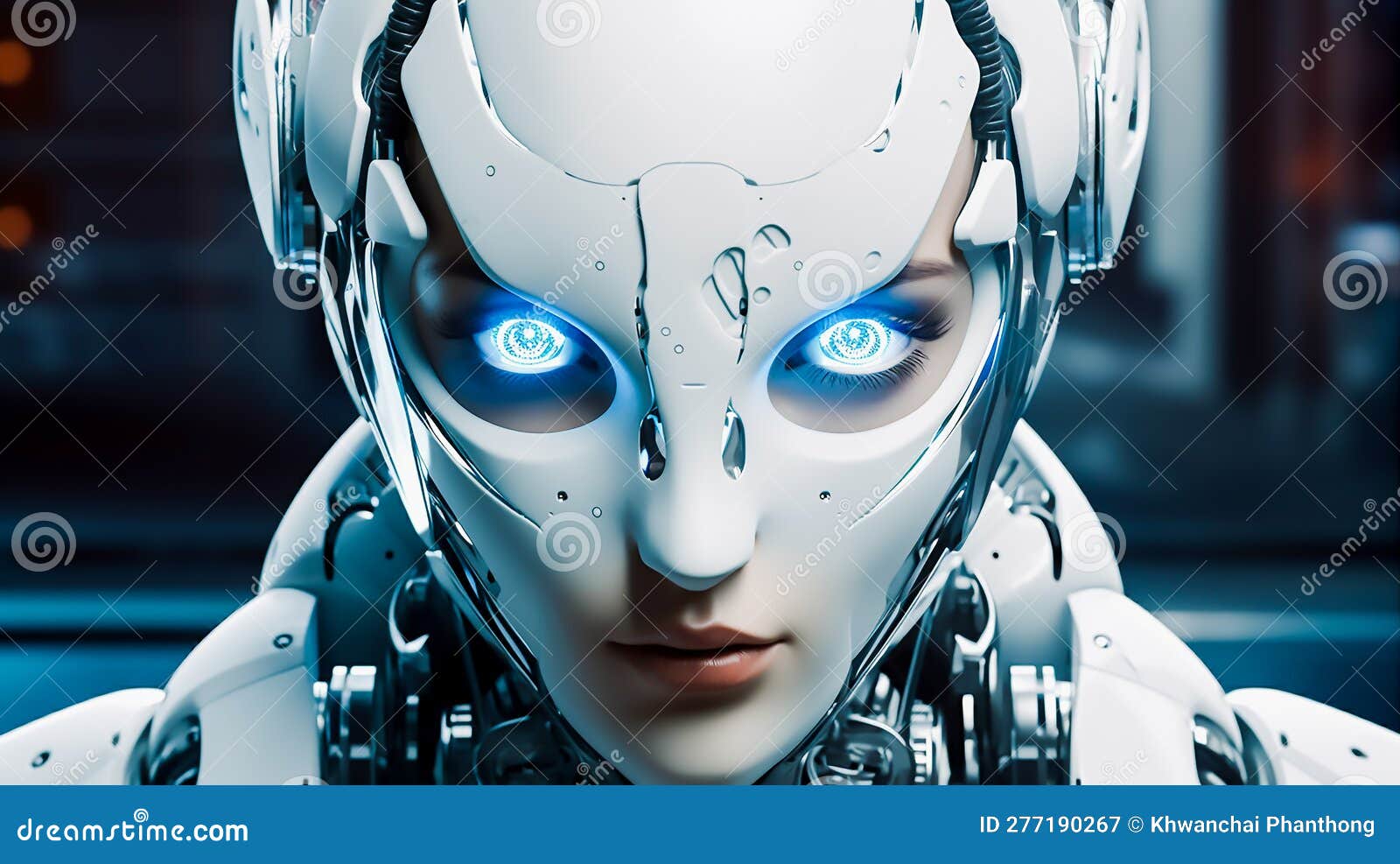 Close Up Face of AI White Robot, Generative AI Stock Illustration ...