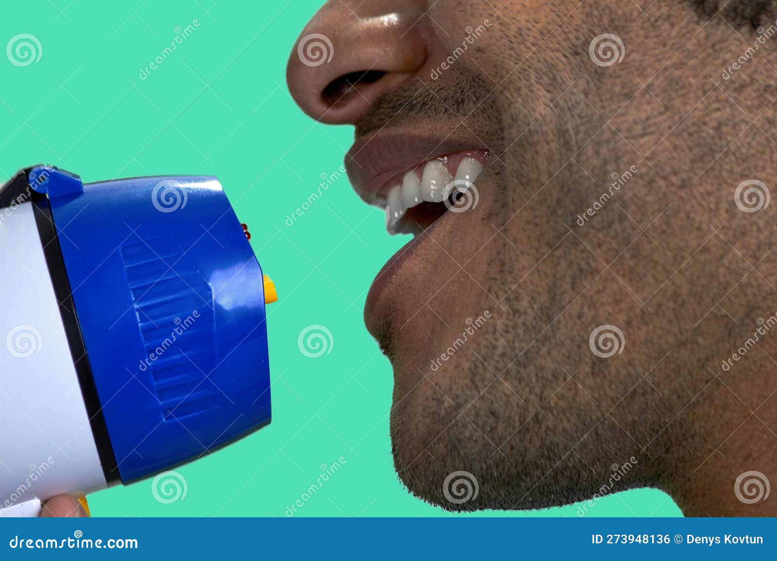Close Up Face of Arabic Man Shouting into a Megaphone. Stock Photo ...