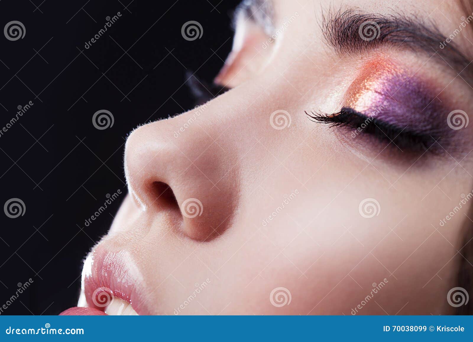 Close-up Face, Bright Eye Shadow, Makeup. Shallow Depth of Field, Black ...