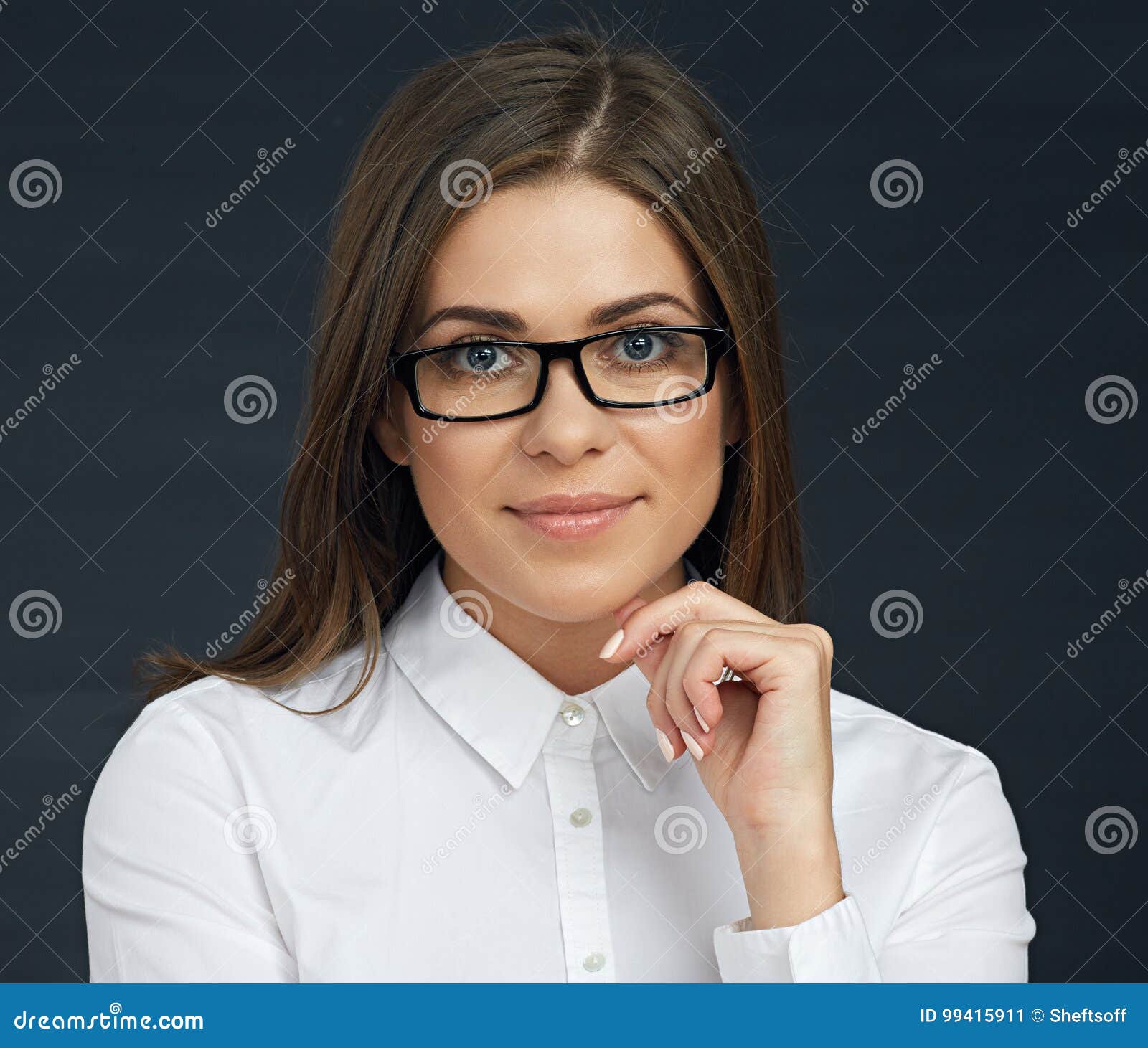 Close Up Face Portrait Of Smiling Business Woman Wearing Eyeglasses