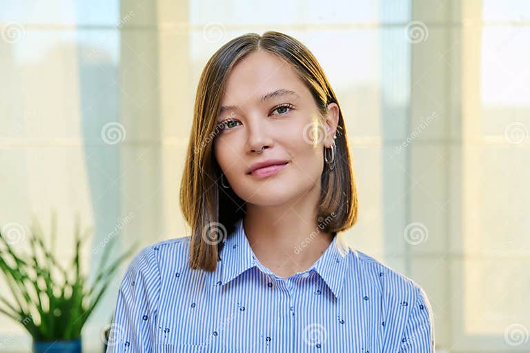 Close Up Of Face Of Young Beautiful Woman With Healthy Skin Hair Stock