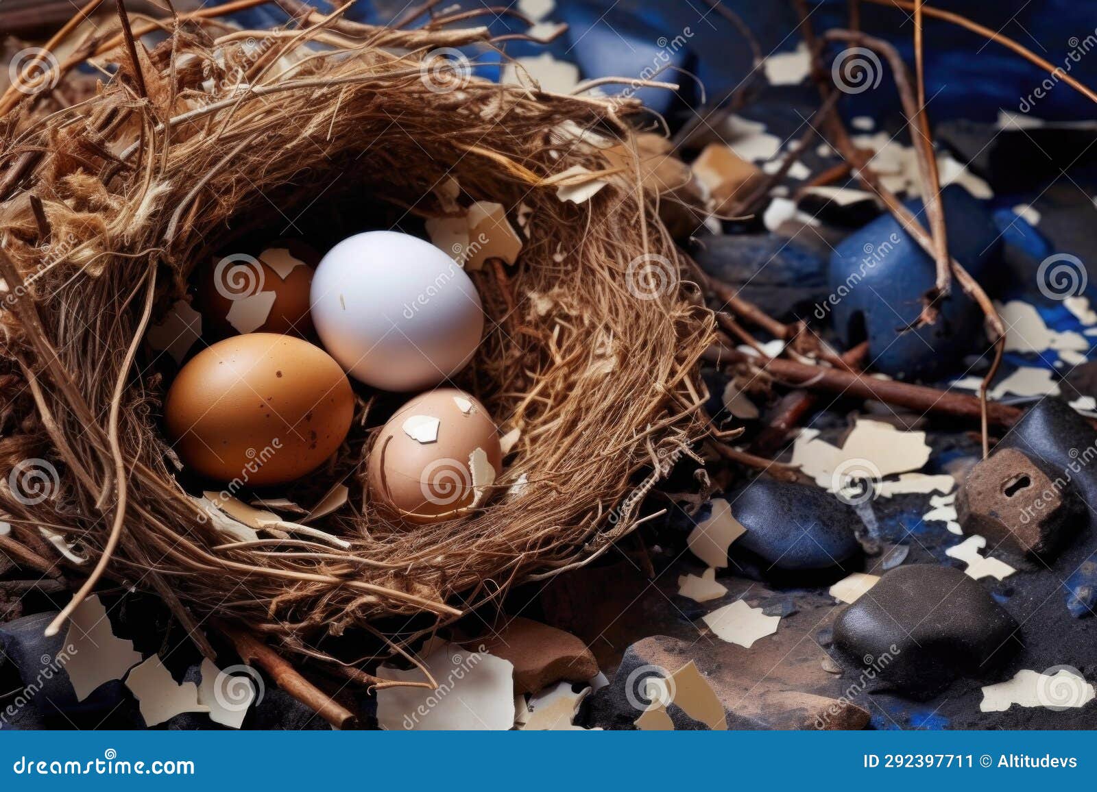 Close-up of a Fallen Birds Nest with Broken Eggshells Stock Image ...