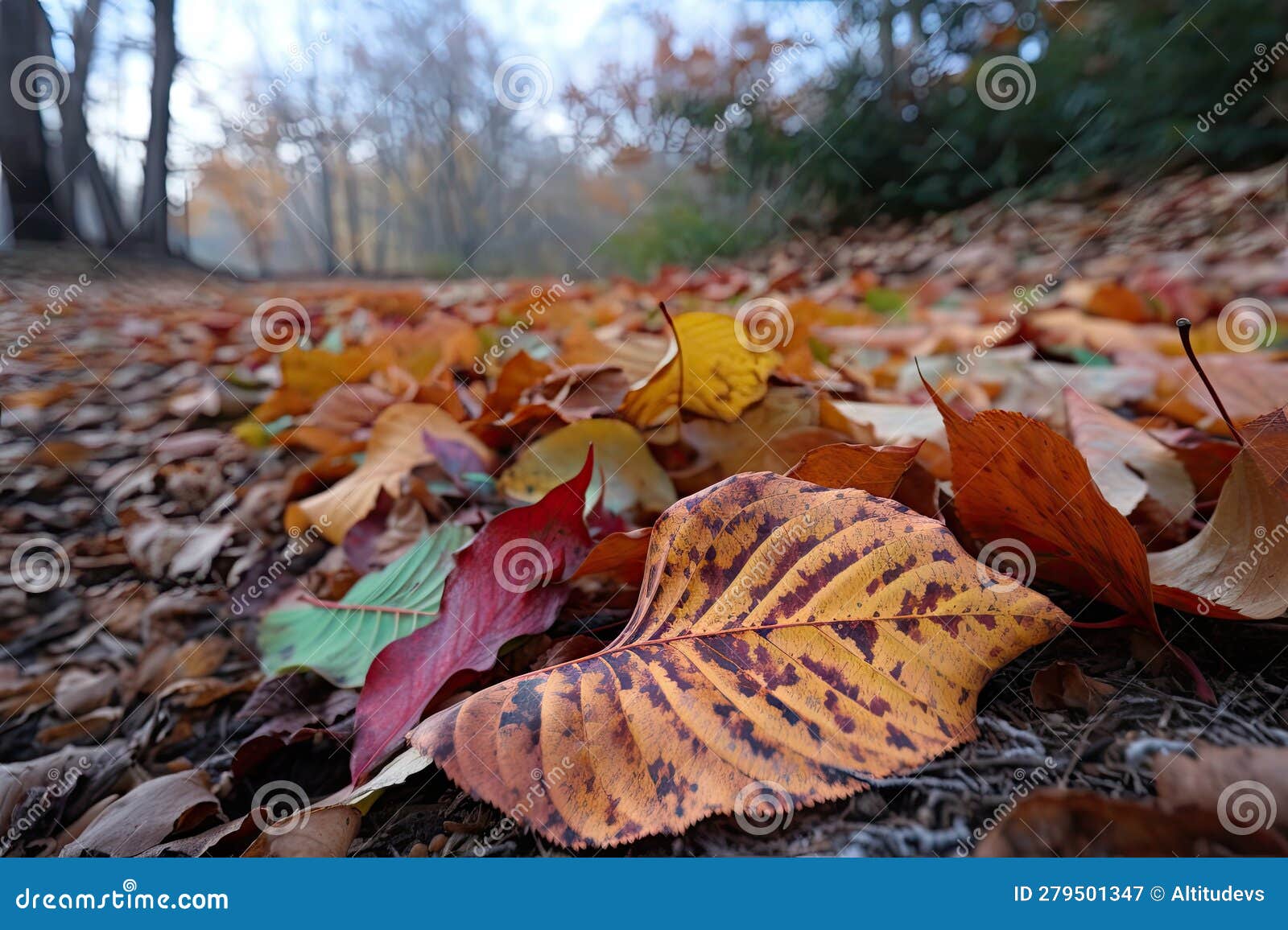 Close-up of Fallen Leaves, with the Changing Seasons in the Background ...