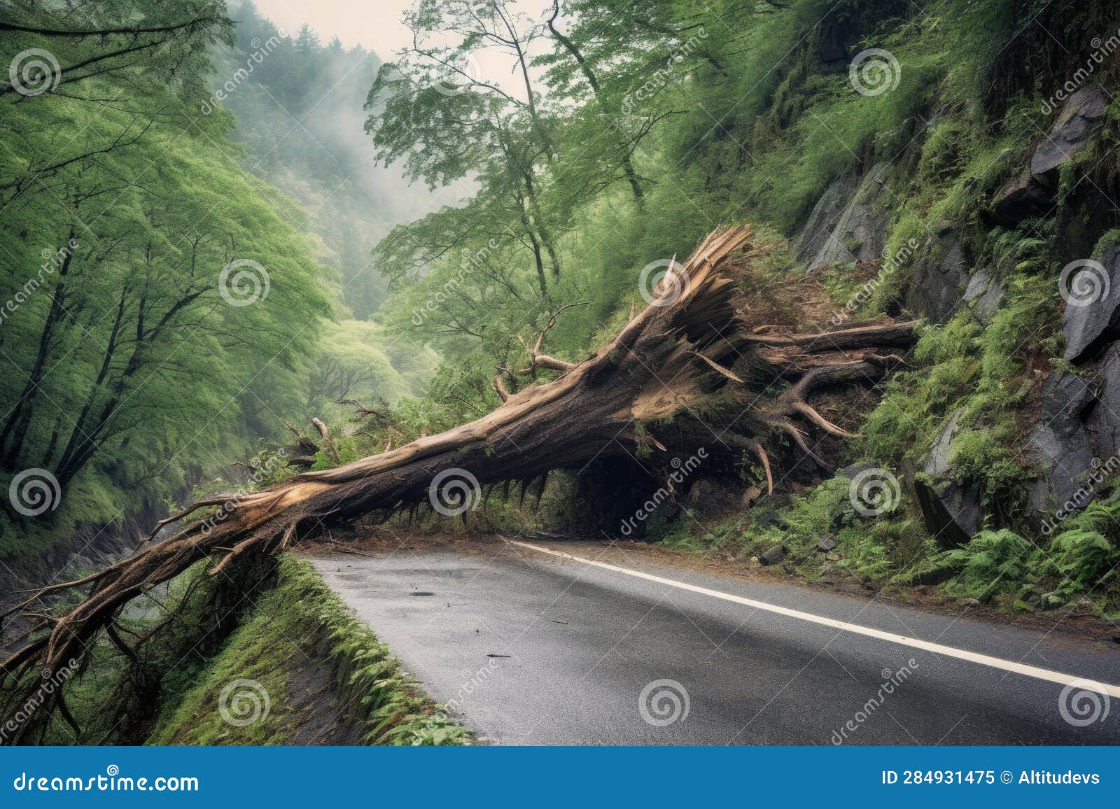 Close-up of a Fallen Tree Obstructing a Mountain Road Stock ...