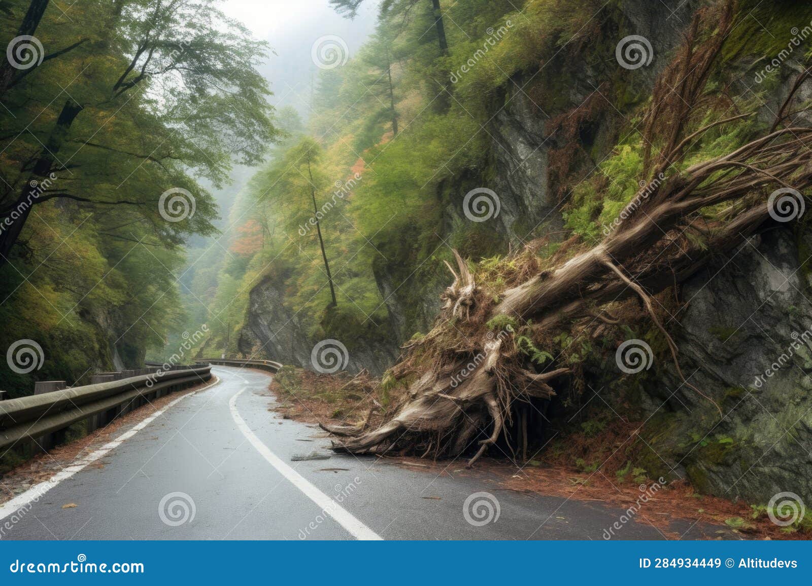 Close-up of a Fallen Tree Obstructing a Mountain Road Stock ...