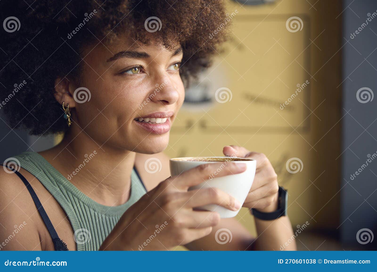 Close Up of Female Customer in Window of Cafe Drinking Coffee Stock ...
