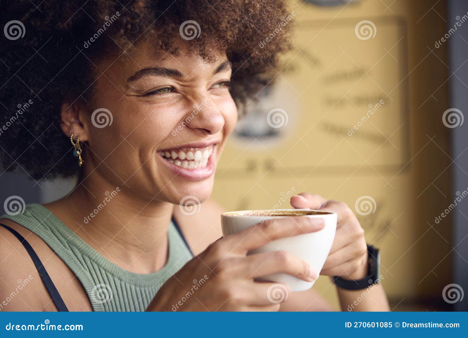 Close Up of Female Customer in Window of Cafe Drinking Coffee Stock ...