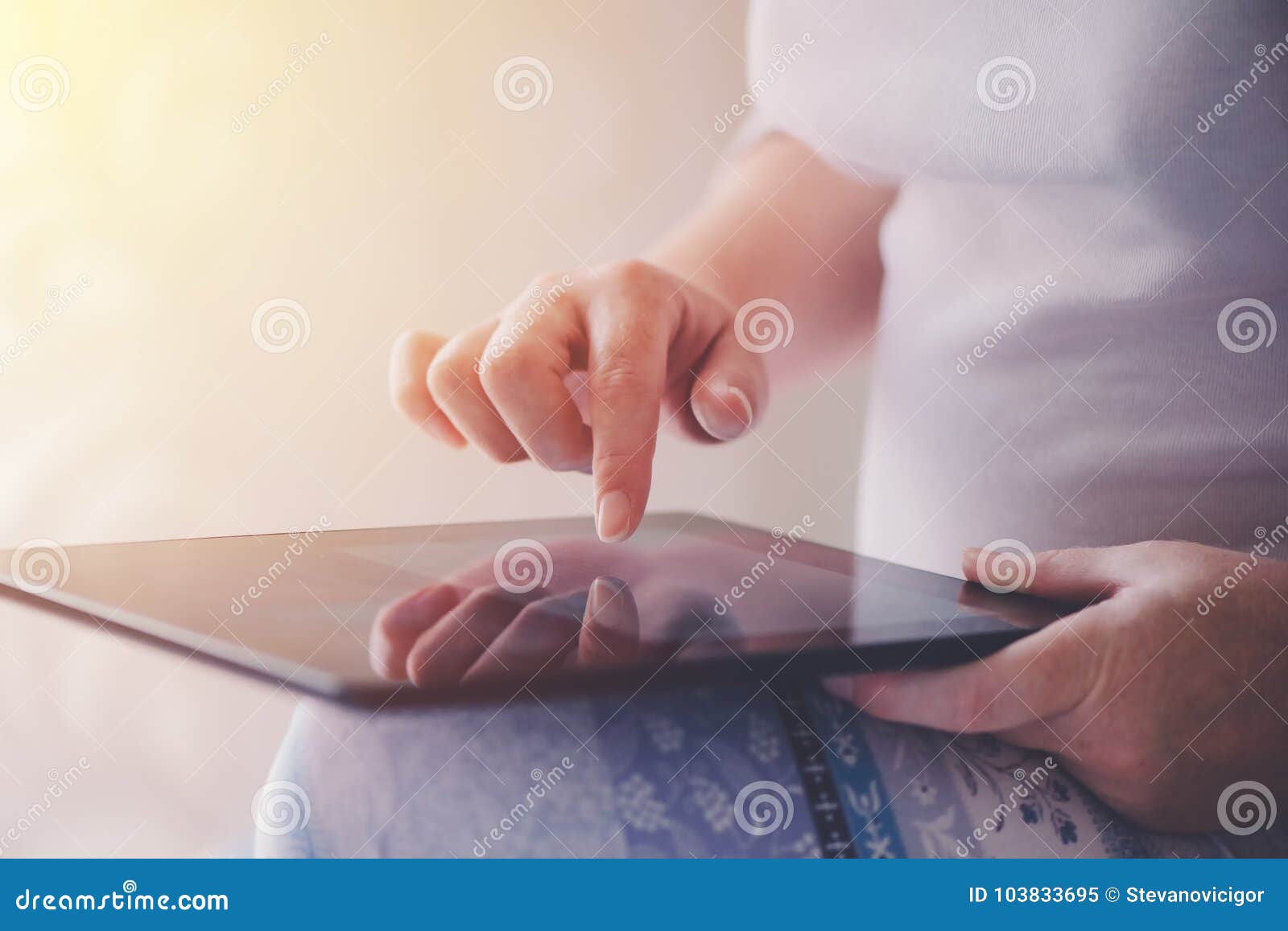 Close Up of Female Finger Pushing Digital Tablet Touch Screen Stock ...