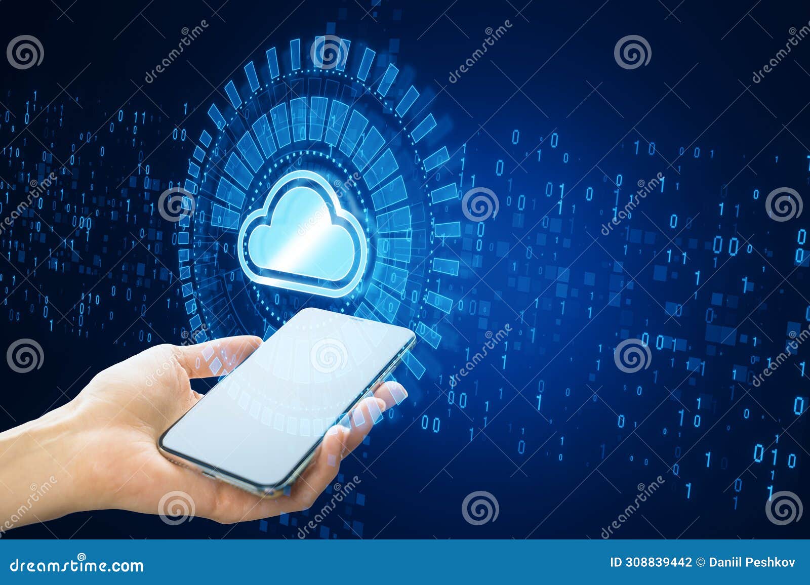 Close Up of Female Hand Holding White Smartphone with Creative Glowing Cloud Computing Hologram ...