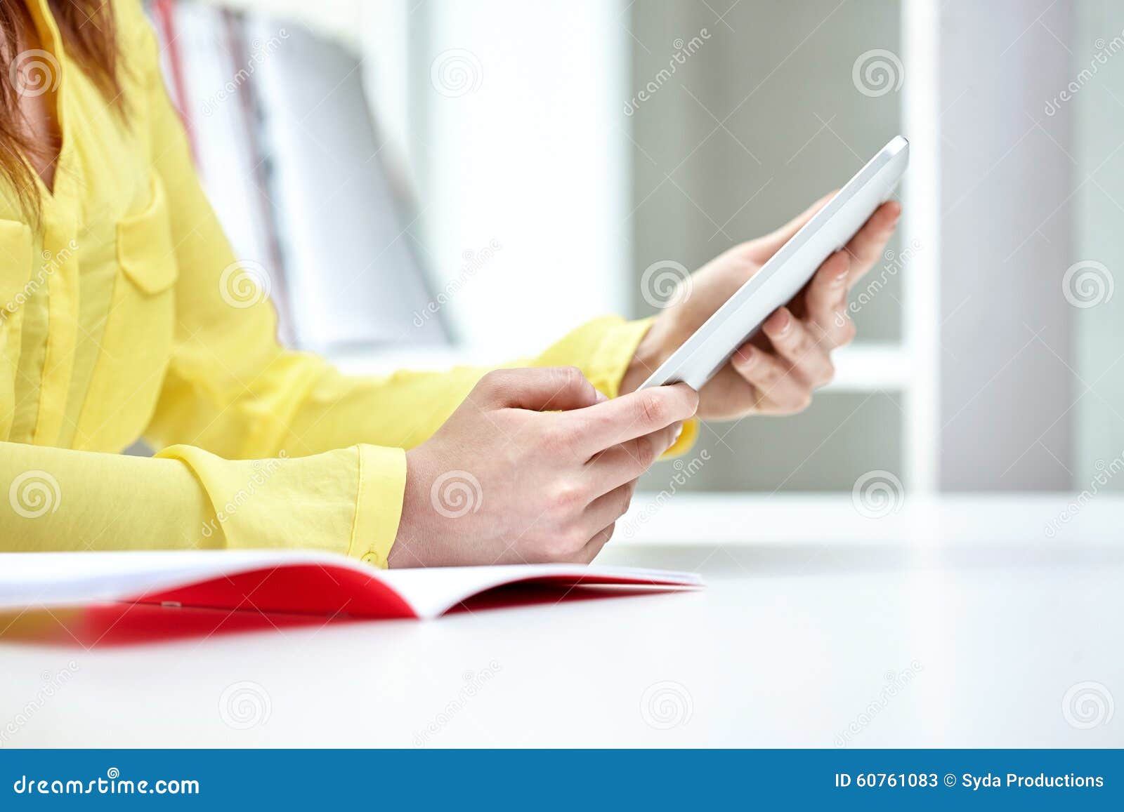 Close Up of Female Hands with Tablet Pc at Table Stock Image - Image of ...
