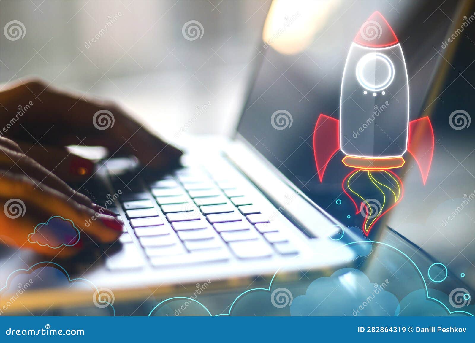 Close Up of Female Hands Using Laptop Keyboard with Creative Rocket ...
