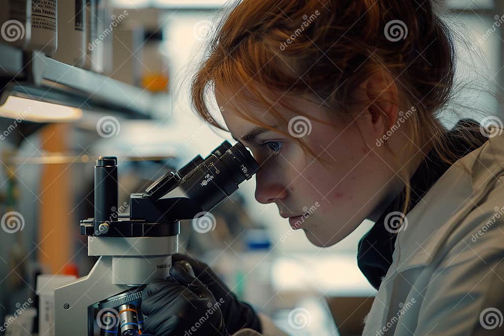 Close-up of Female Scientist Using Microscope in Laboratory Stock ...