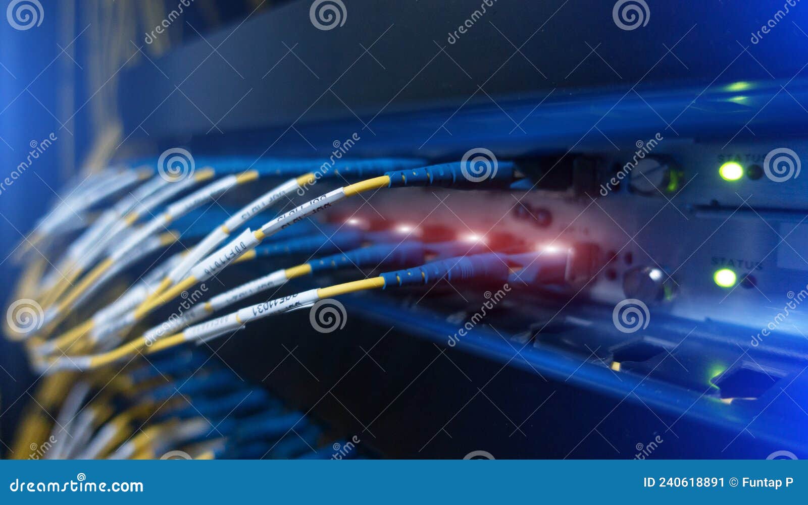 Close Up Fiber Optic and Hub in Datacenter. Stock Image - Image of ...