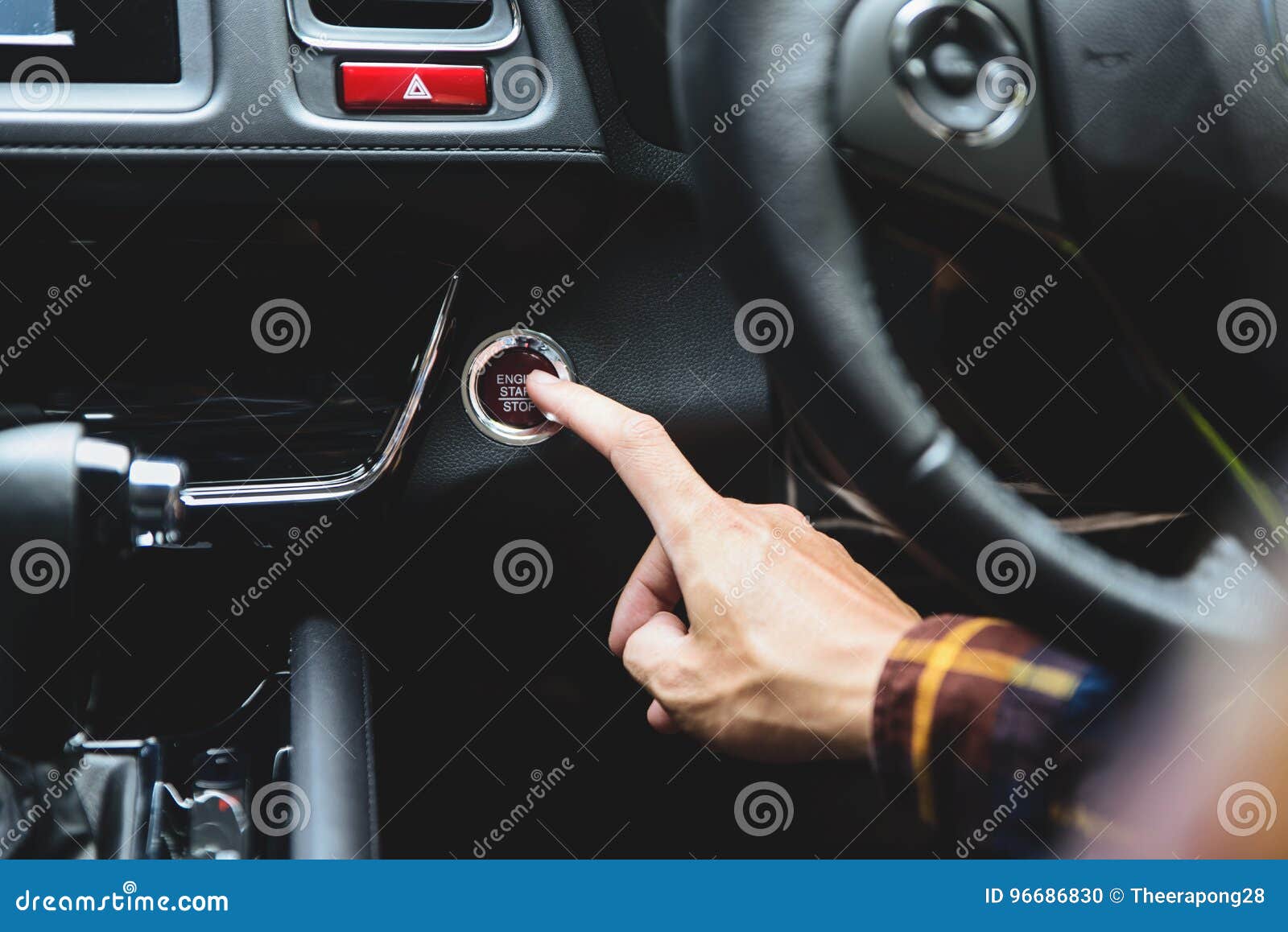 Close Up Finger Press Button Functions Car Engine Start and Stop Stock ...
