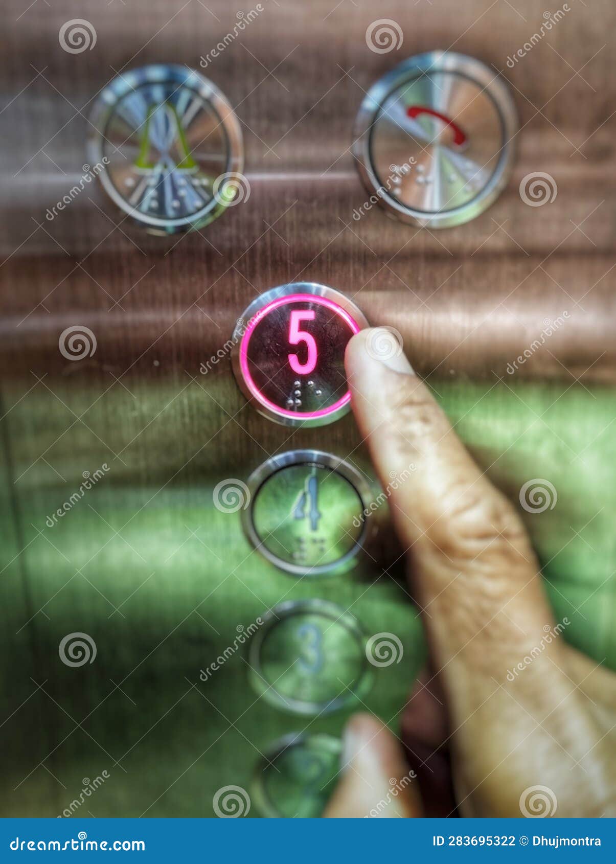 Close-up of Finger Press Elevator Button To the Fifth Floor of the Building. Stock Photo - Image ...