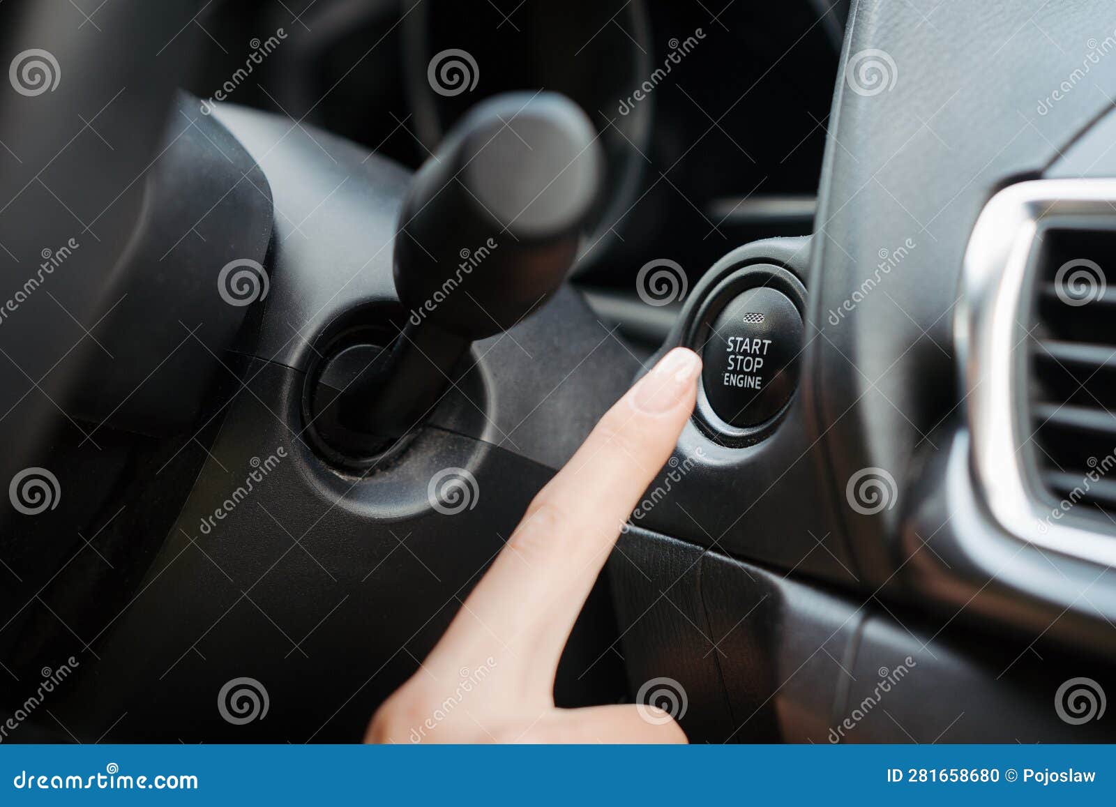 Close Up of Finger Pressing Engine Start Button until Engine Turns on ...