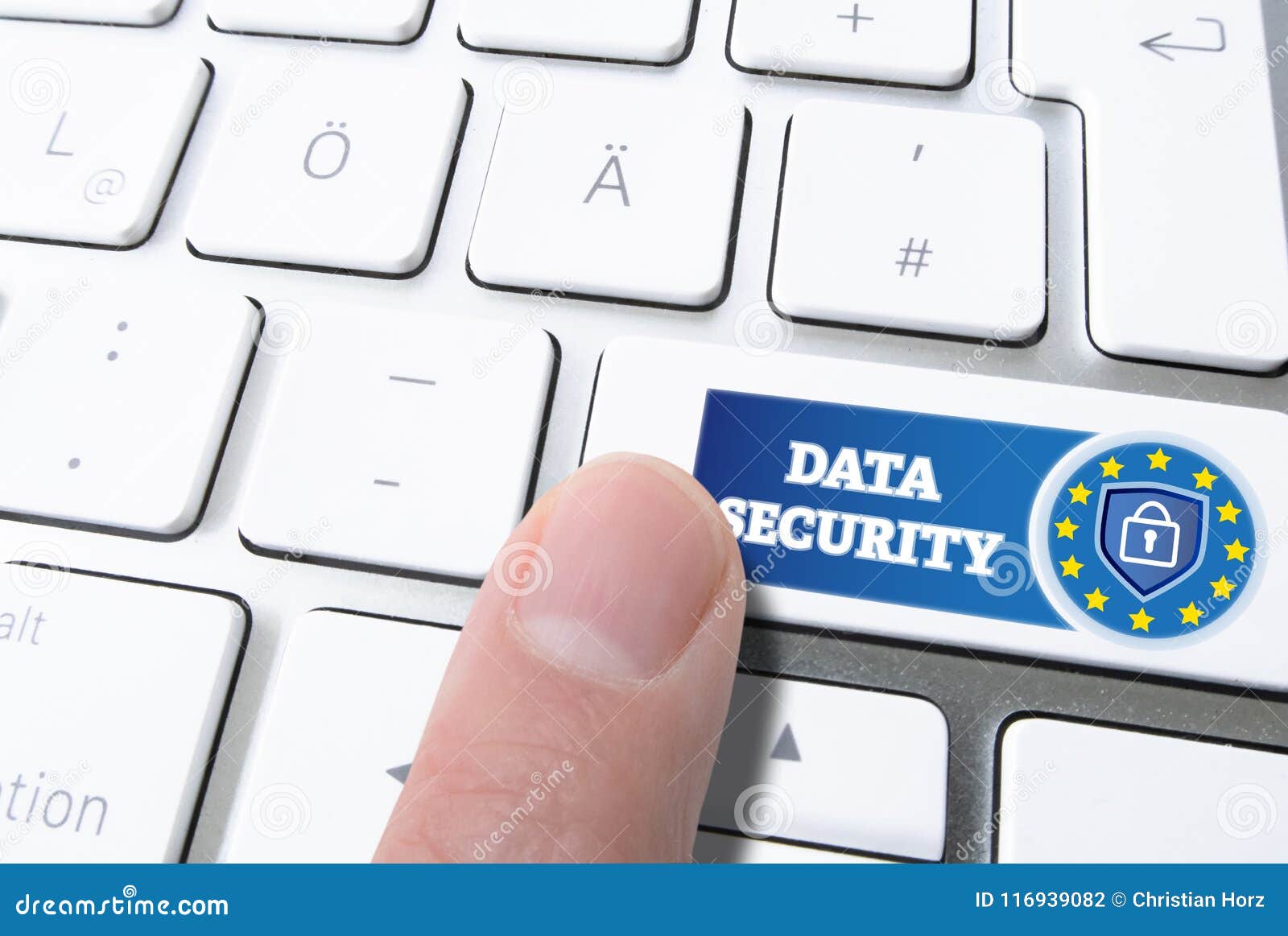 Finger Pressing Key Labeled DATA SECURITY with Padlock on Computer ...