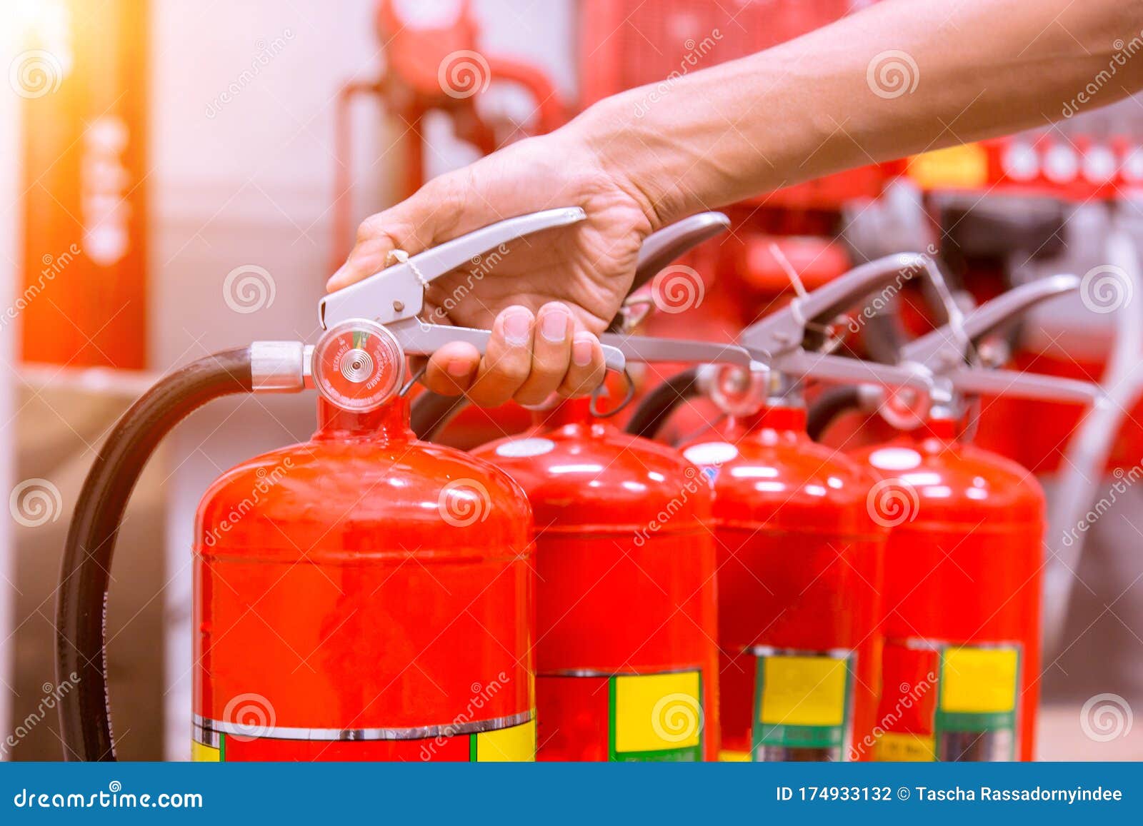 Close Up Fire Extinguisher and Pulling Pin on Red Tank Stock Photo ...