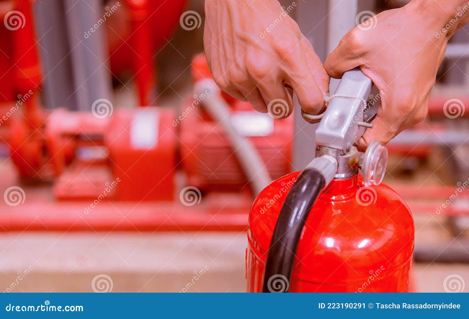 Close Up Fire Extinguisher and Pulling Pin on Red Tank Stock Image ...