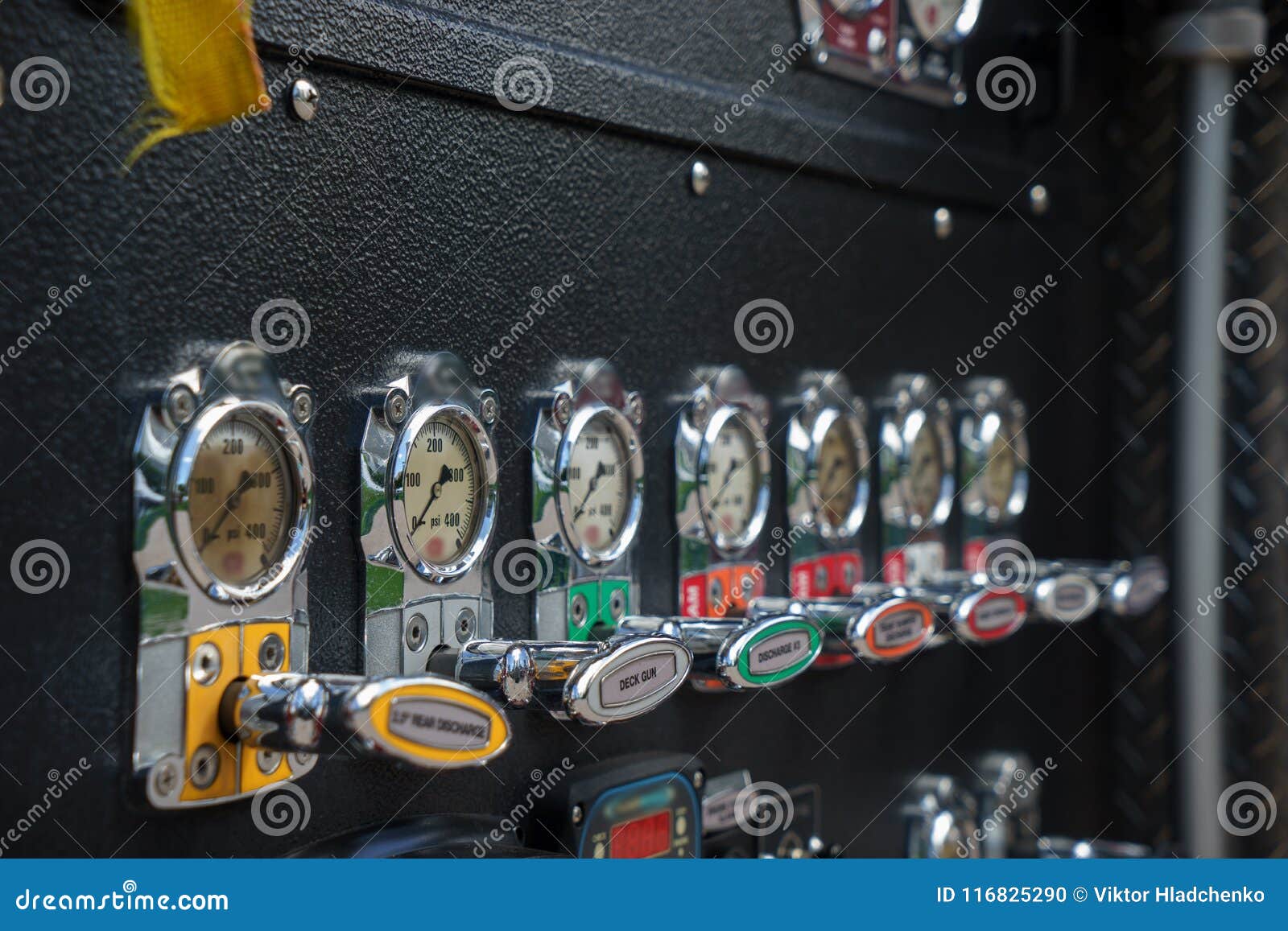 Close-up Fire Truck Equipment Detail. Fire Control Panel, Dials and ...