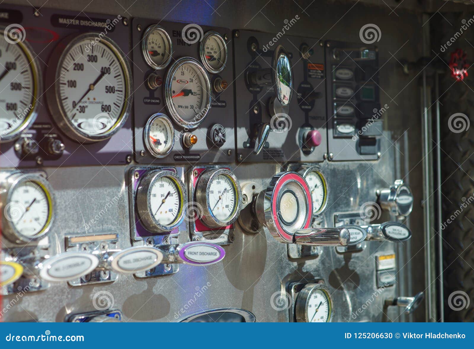 Close-up Fire Truck Equipment Detail. Fire Control Panel, Dials and ...
