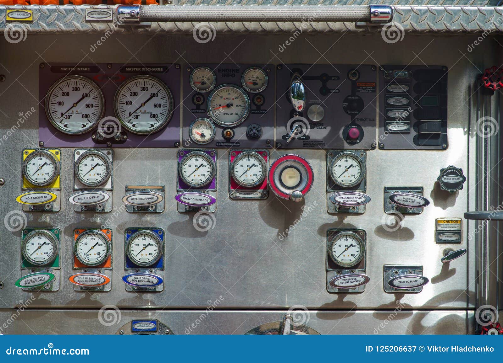 Close-up Fire Truck Equipment Detail. Fire Control Panel, Dials and ...