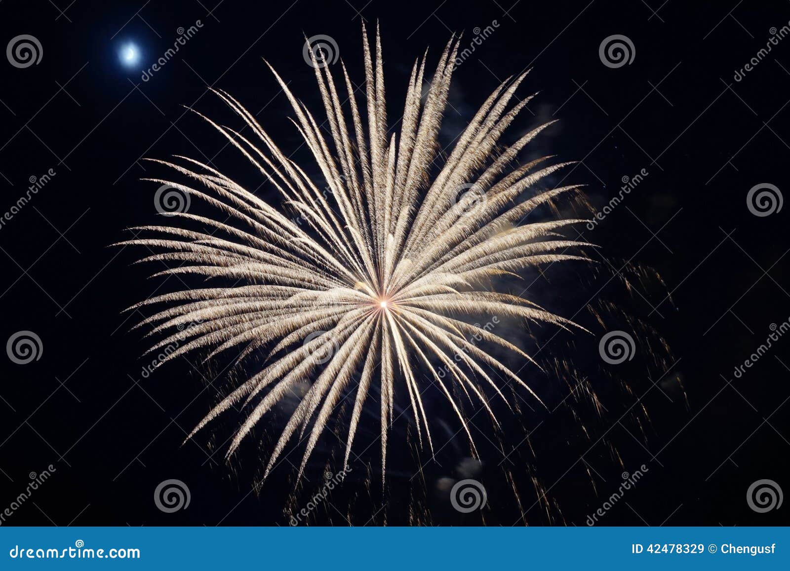 Close Up Fireworks With The Moon In The Background. Royalty-Free Stock ...
