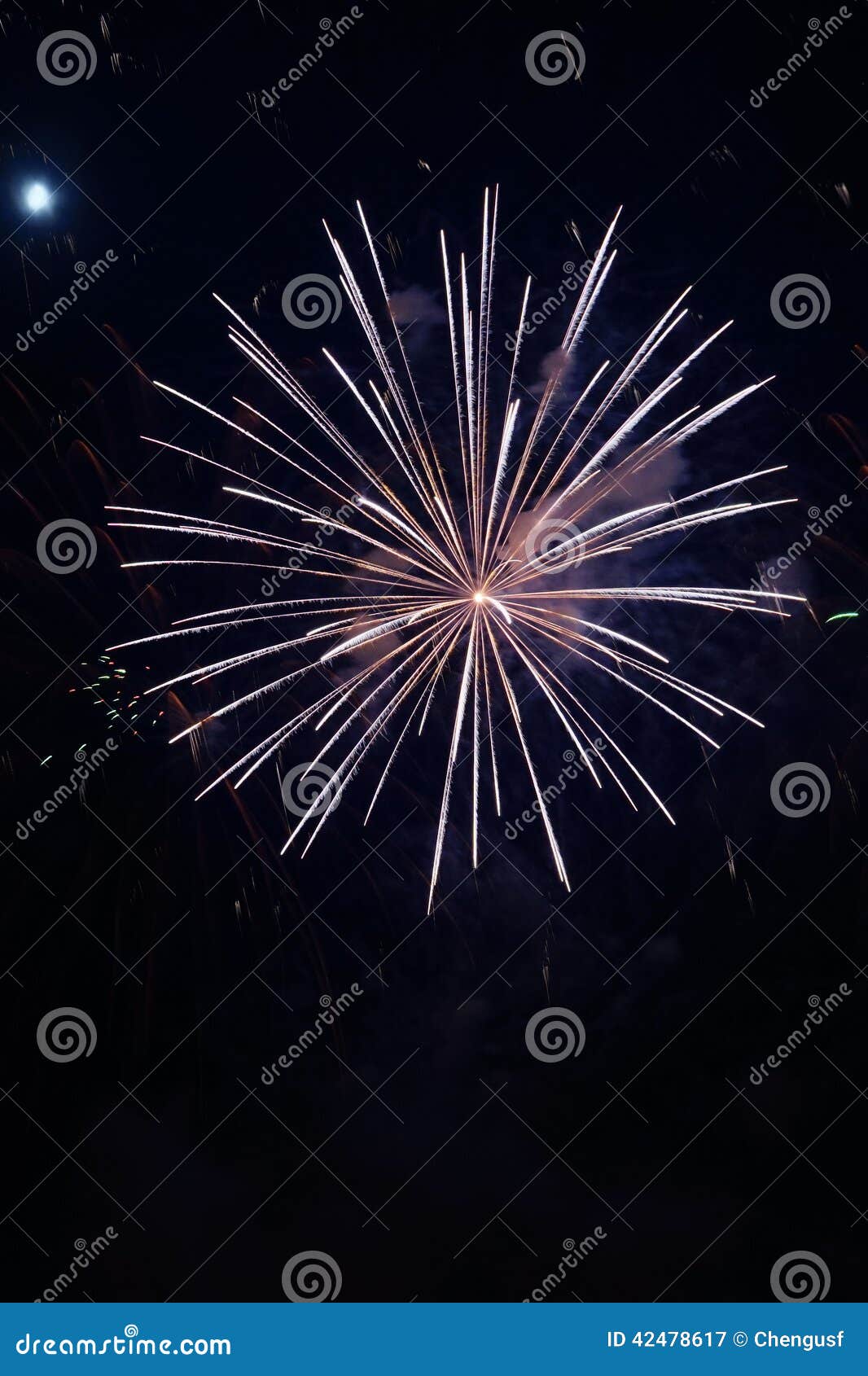 Close Up Fireworks with the Moon in the Background. Stock Image - Image ...
