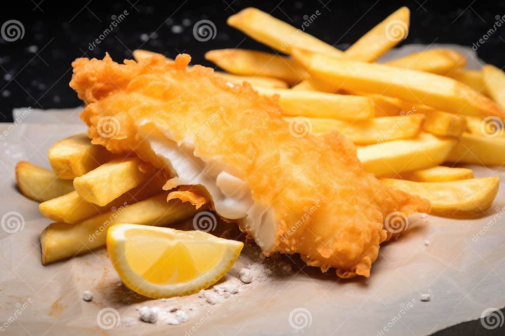 Close-up of Fish and Chips with Broken Crisp Batter Stock Photo - Image ...