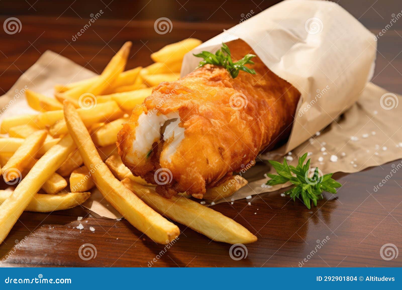 Close Up of Fish and Chips Wrapped in Brown Paper Stock Photo - Image ...