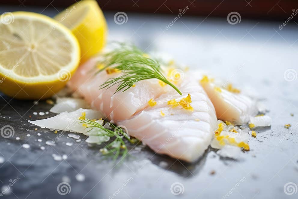 Close-up: Flaky Cod Texture with Lemon Zest Stock Photo - Image of ...