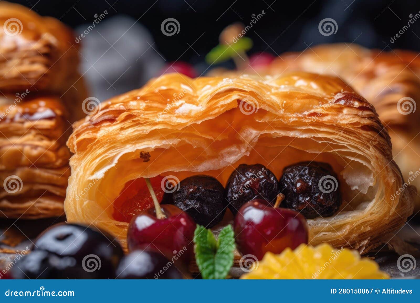 Close-up of Flaky Puff Pastry with Chunky Fruit Filling Stock ...