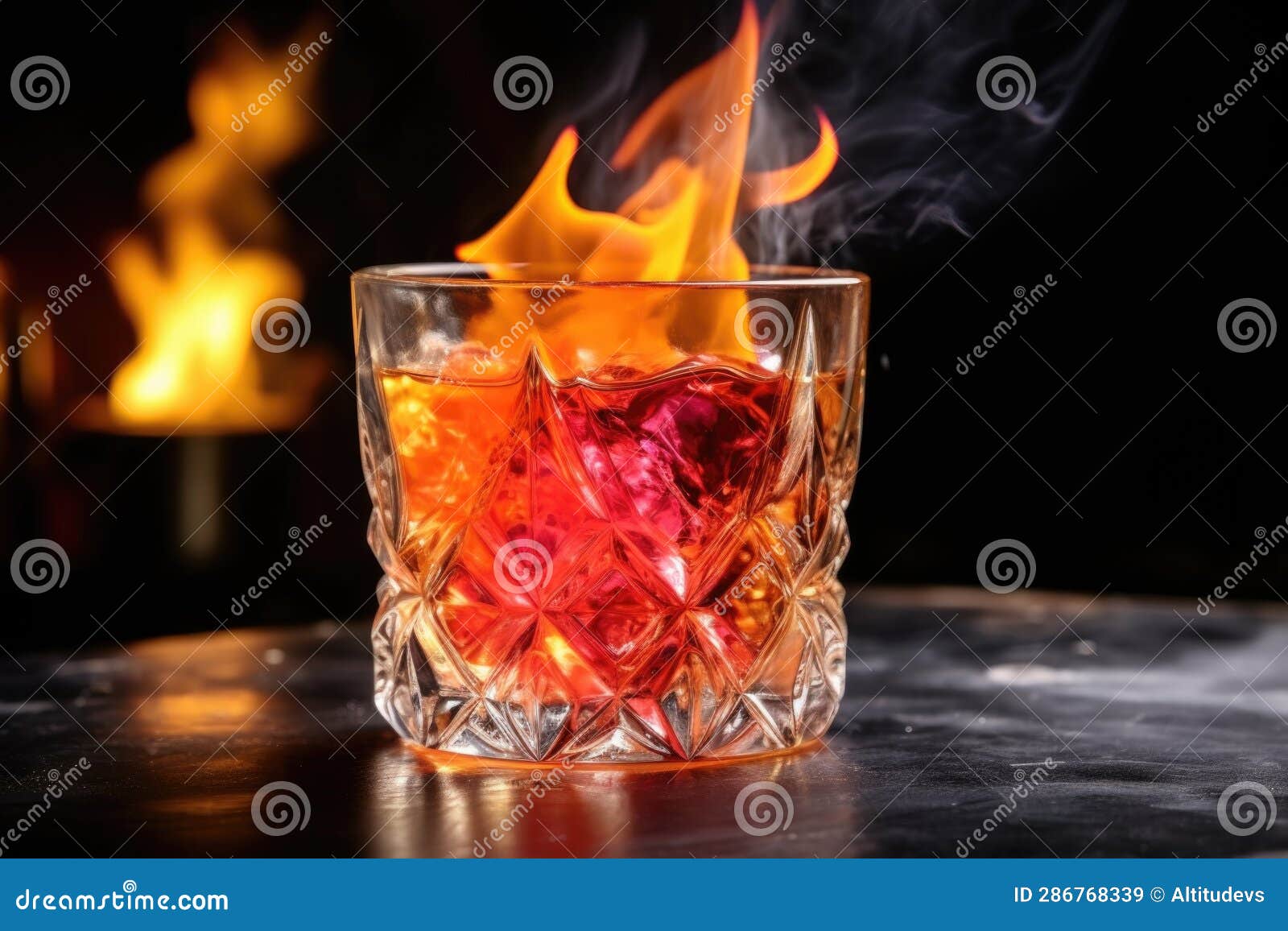 Close-up of Flaming Cocktail with Ice Cubes Stock Image - Image of ...