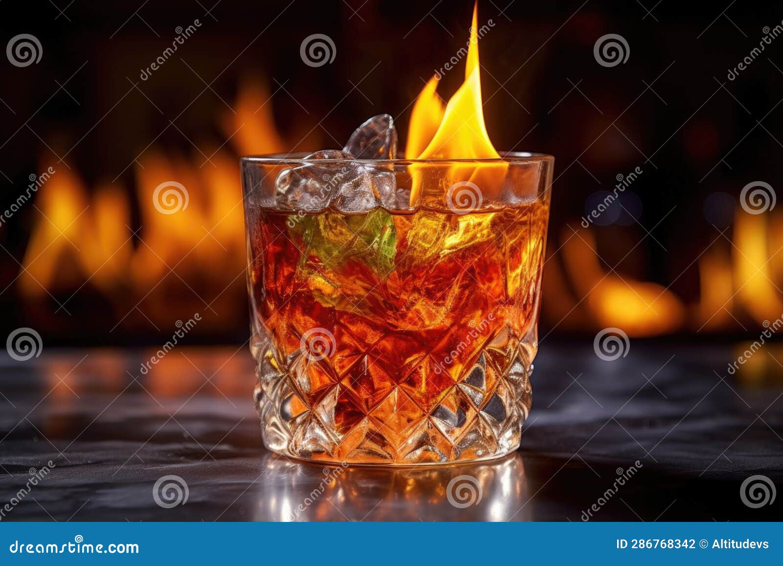 Close-up of Flaming Cocktail with Ice Cubes Stock Photo - Image of ...